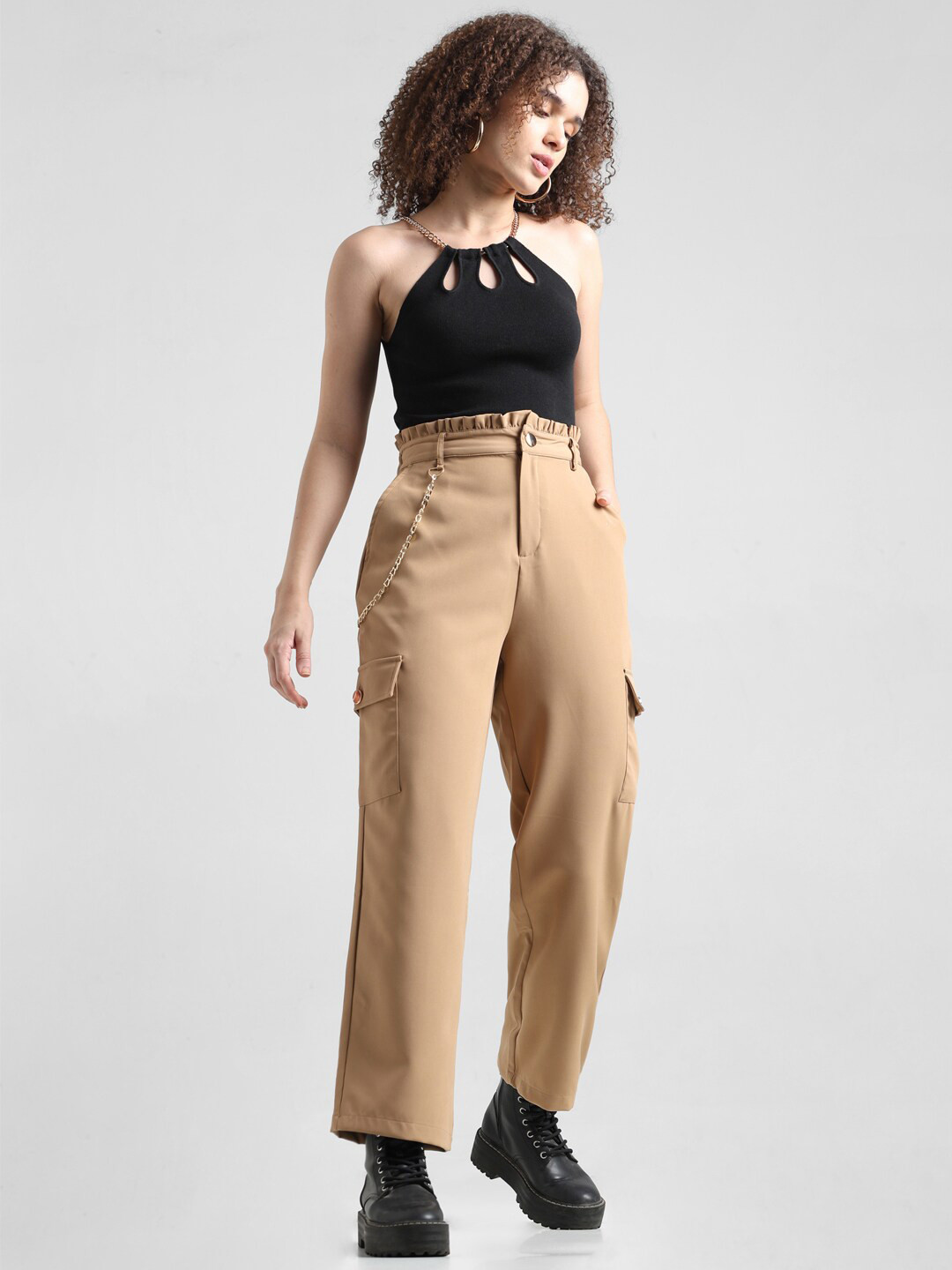 Buy ONLY Women High Rise Regular Fit Trousers With Chain - Trousers for ...