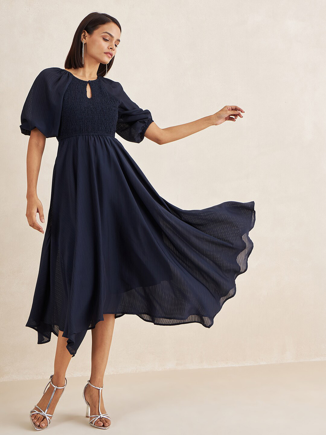 Buy FEMMELLA Striped Keyhole Neck Flared Sleeves Empire Midi Dress ...