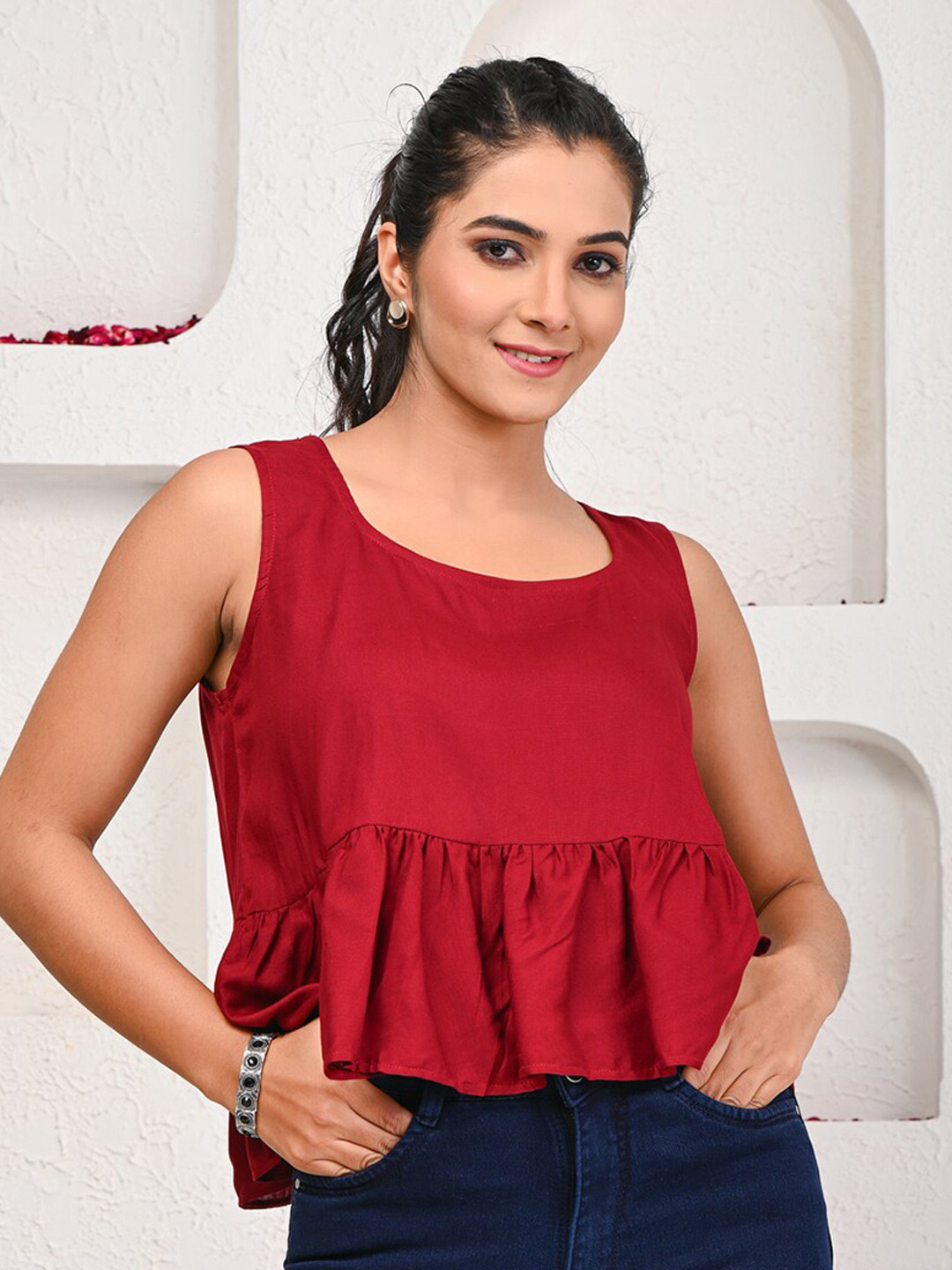 Buy Indi INSIDE Maroon Ruffled Tank Crop Top - Tops for Women 26799000 ...