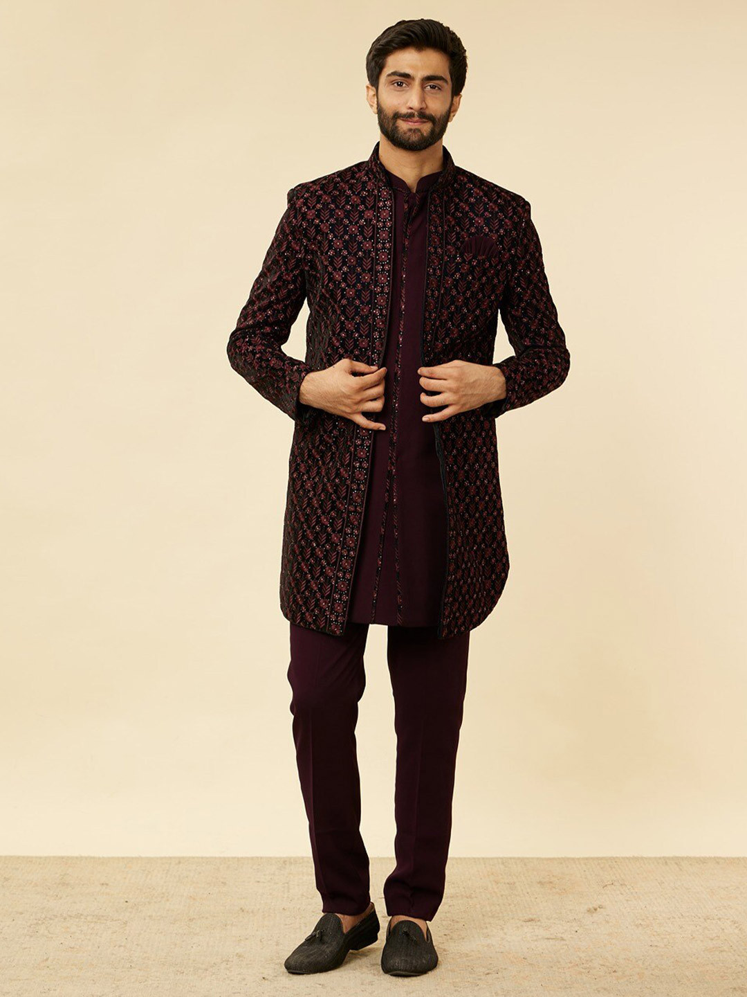 Buy Manyavar Embroidered Velvet Kurta With Sherwani And Trousers ...