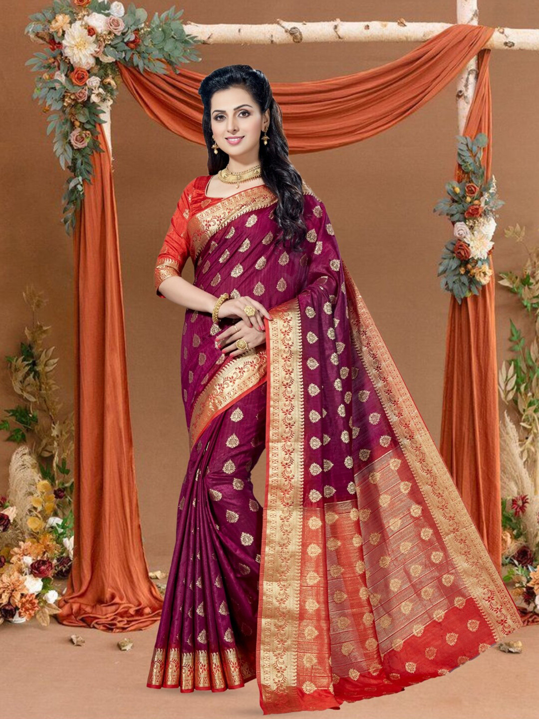 Buy Mitera Magenta & Red Woven Design Zari Kanjeevaram Saree - Sarees ...