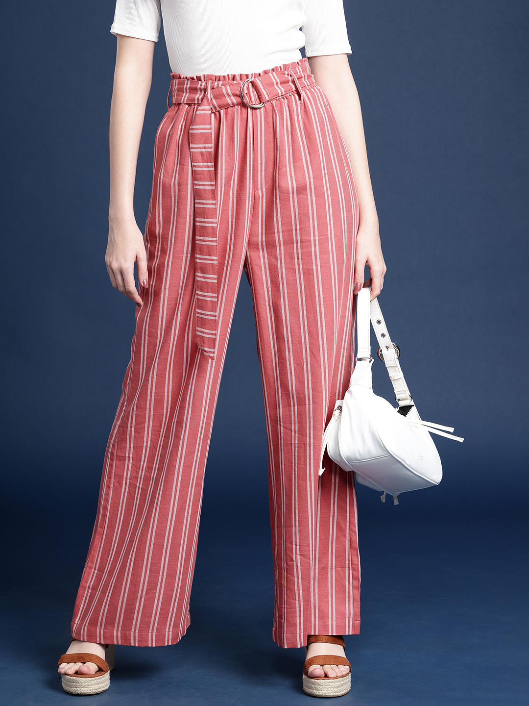 Buy Mast & Harbour Women Pure Cotton Striped Casual Trousers - Trousers ...