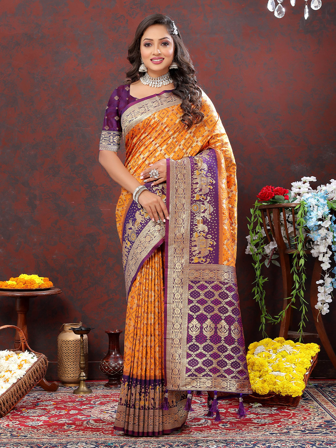 Buy Divyadham Textiles Ethnic Motifs Woven Design Zari Pure Silk Patola ...