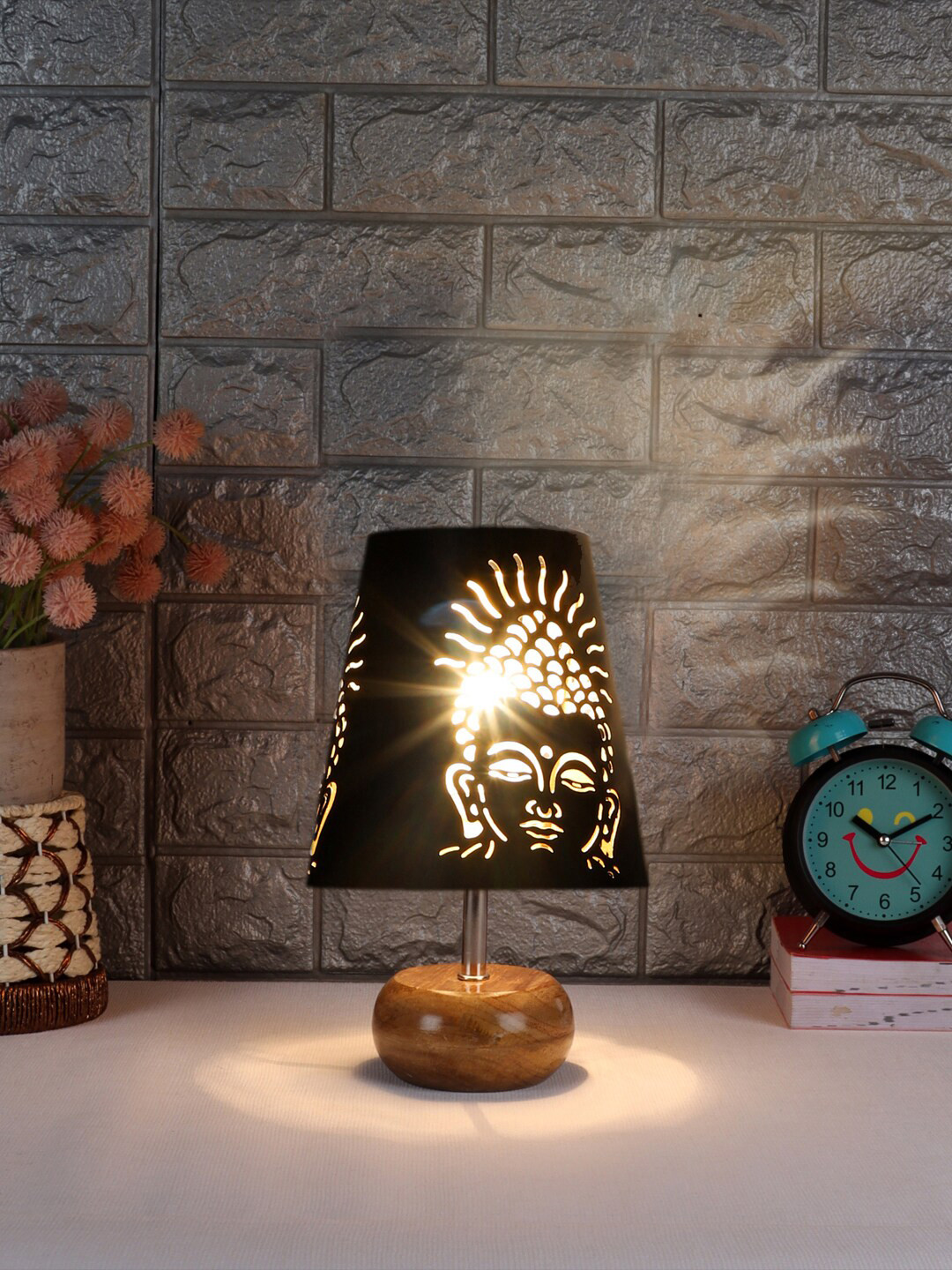Buy Devansh Black Textured Metal With Wood Round Base Table Lamp ...