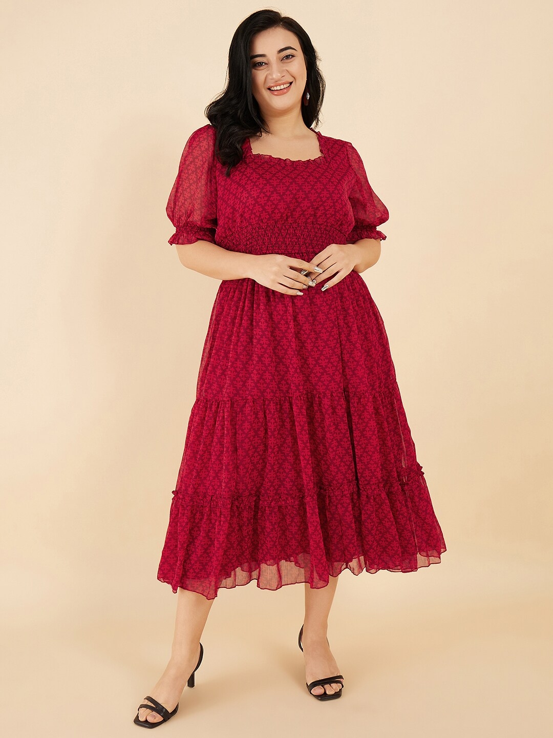 Buy Antheaa Curve Printed Square Neck Puff Sleeve Fit And Flare Midi