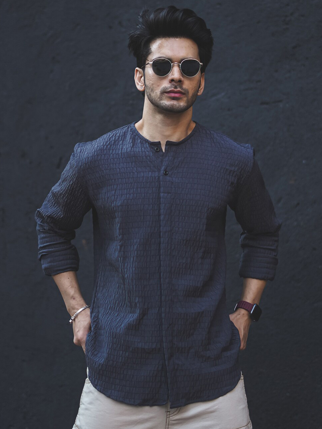 Buy Powerlook Men Premium Textured Mandarin Collar Casual Shirt ...