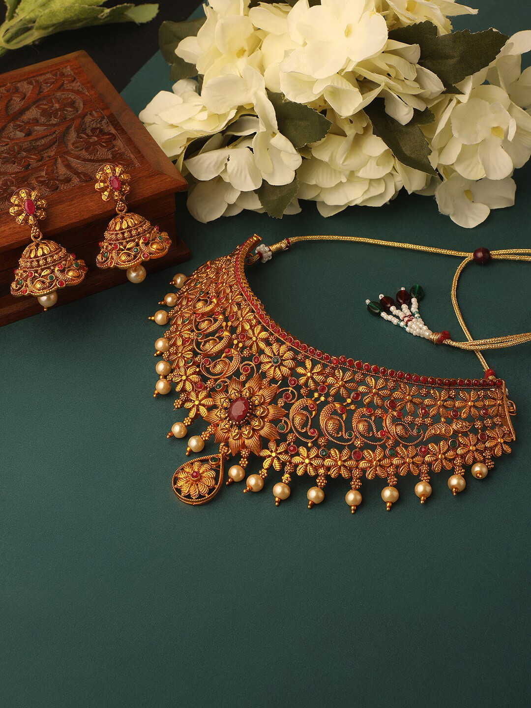 Buy Shining Diva Gold Plated Stone Studded & Peral Beaded Jewellery Set ...