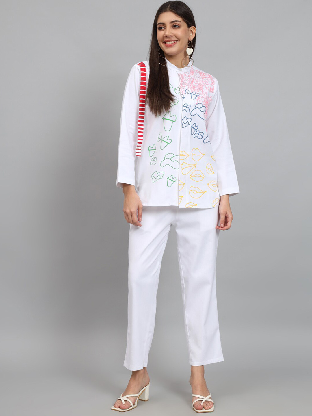 Buy NEWD Printed Mandarin Collar Shirt With Mid Rise Trousers Co Ords ...