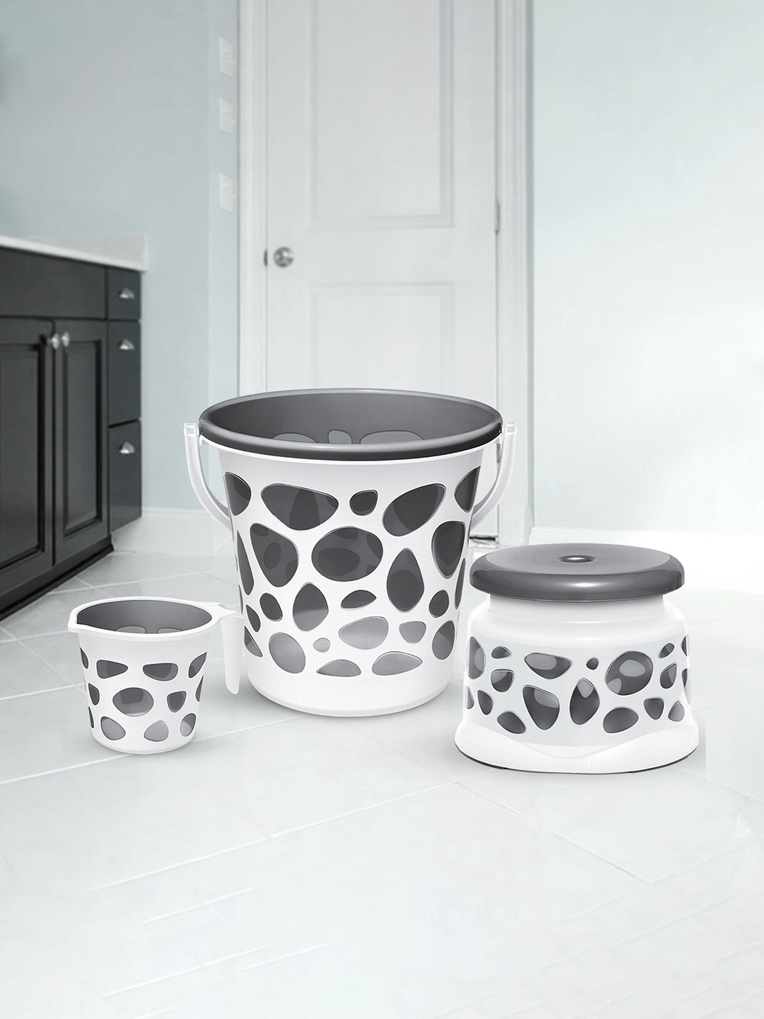 Buy Milton Duplex Spa Grey 3 Pieces Bucket With Mug & Stool Bathroom ...