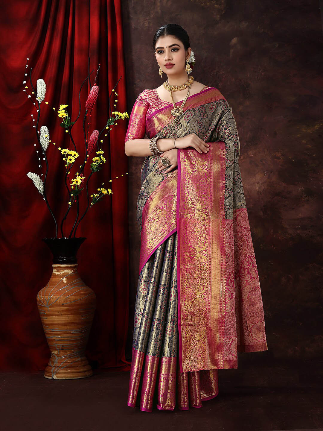 Buy JUST FASHION Woven Design Zari Kanjeevaram Saree - Sarees for Women ...