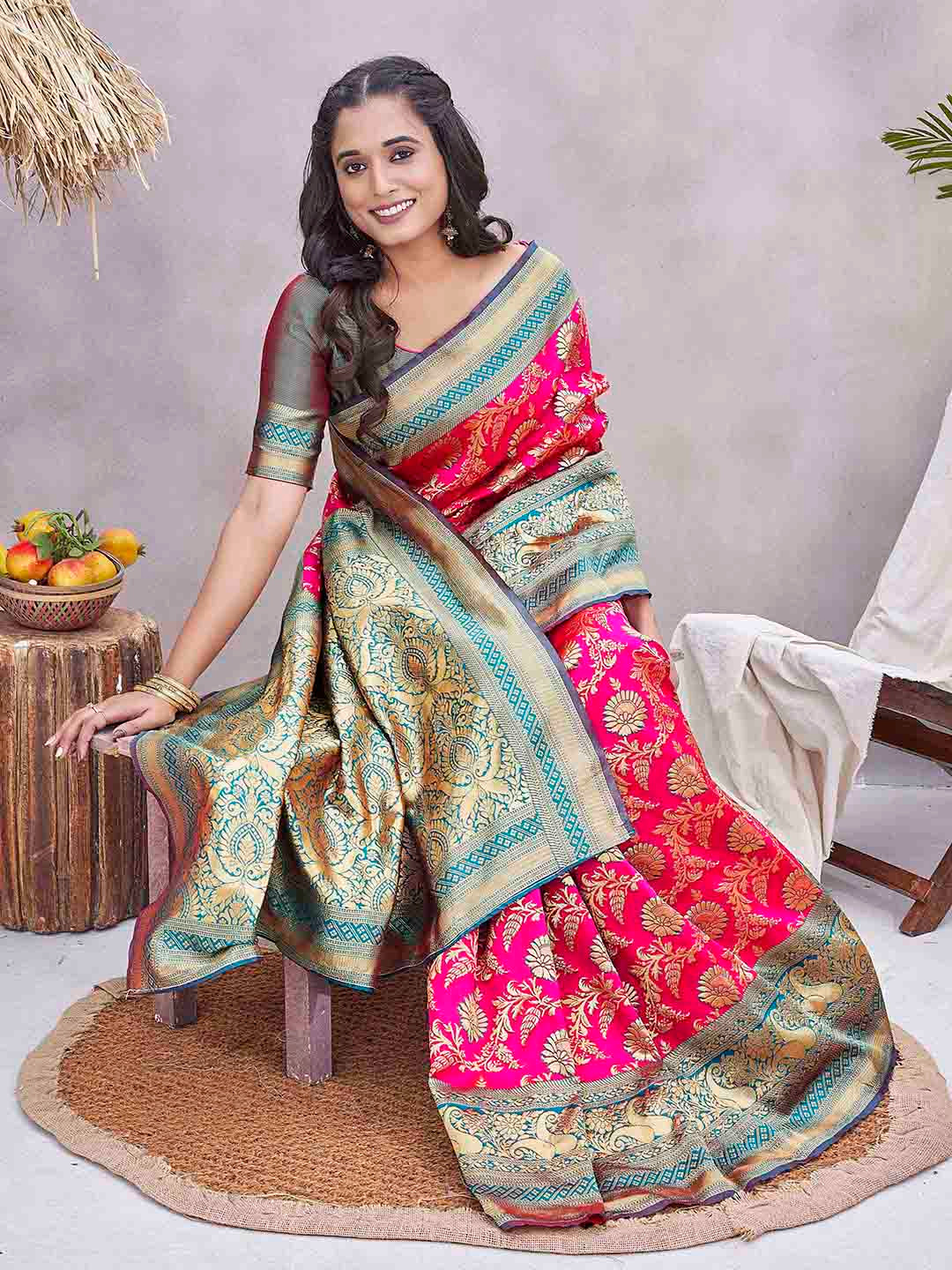 Buy Ariya Prints Floral Woven Design Zari Baluchari Saree - Sarees for ...