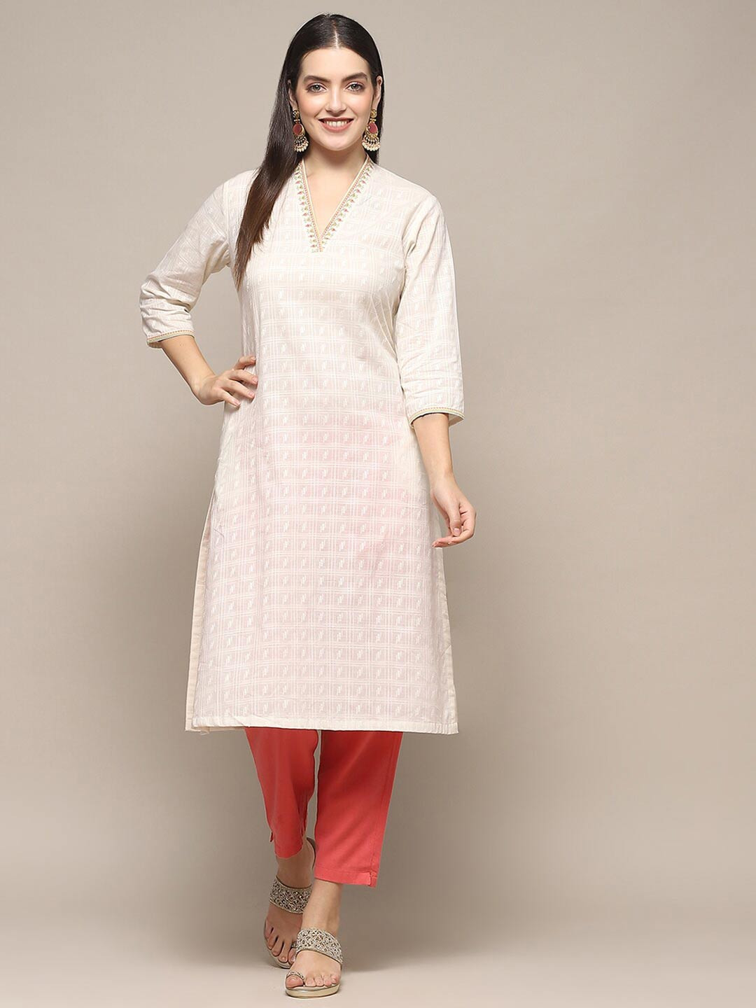 Buy Biba Geometric Woven Design V Neck Thread Work Calf Length Straight Kurta - Kurtas for Women ...