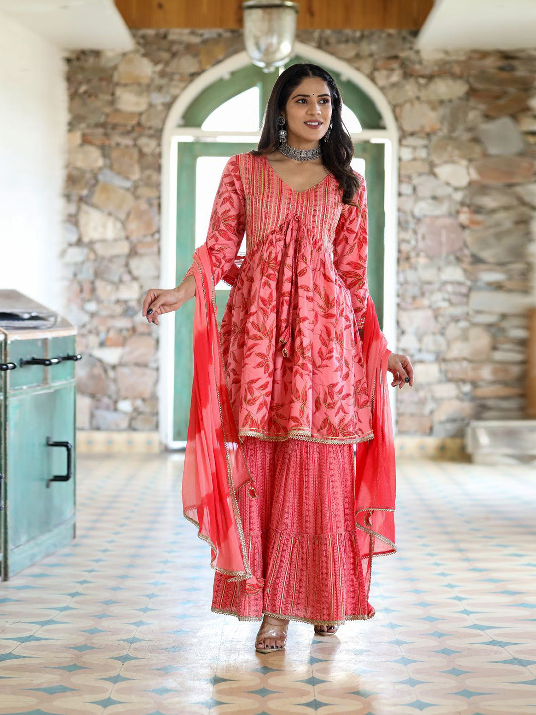 Buy Chandbaali Floral Printed V Neck Empire Gotta Patti Kurta With Sharara & Dupatta - Kurta ...