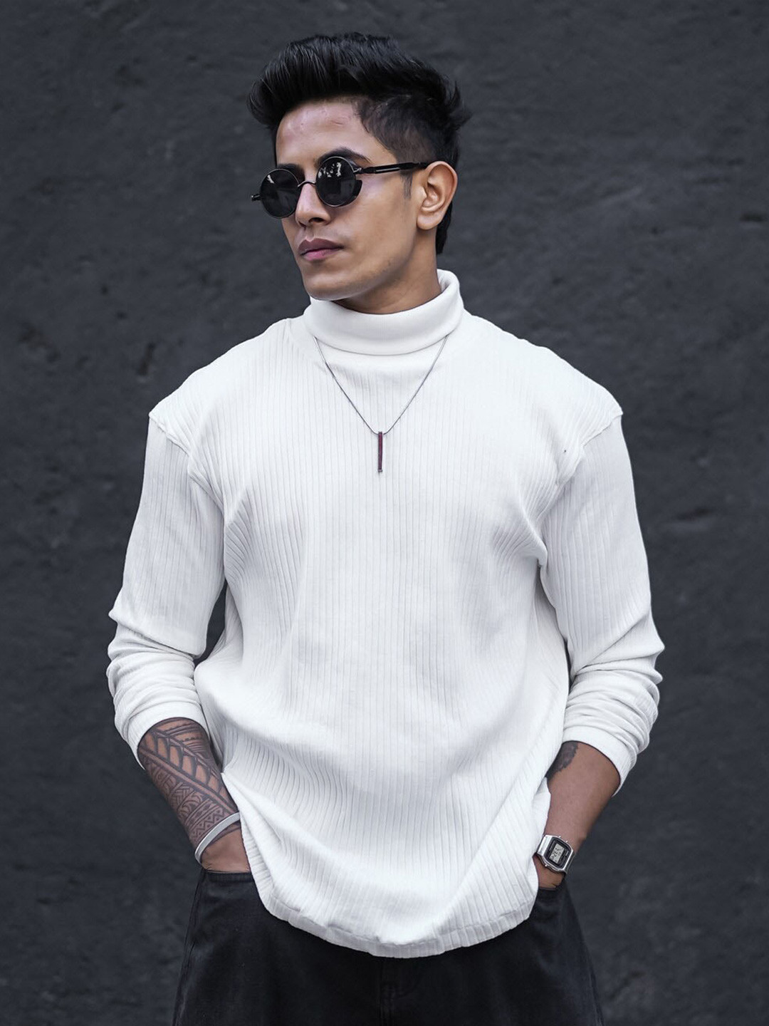 Buy Powerlook White Ribbed Turtle Neck T Shirt - Tshirts for Men ...