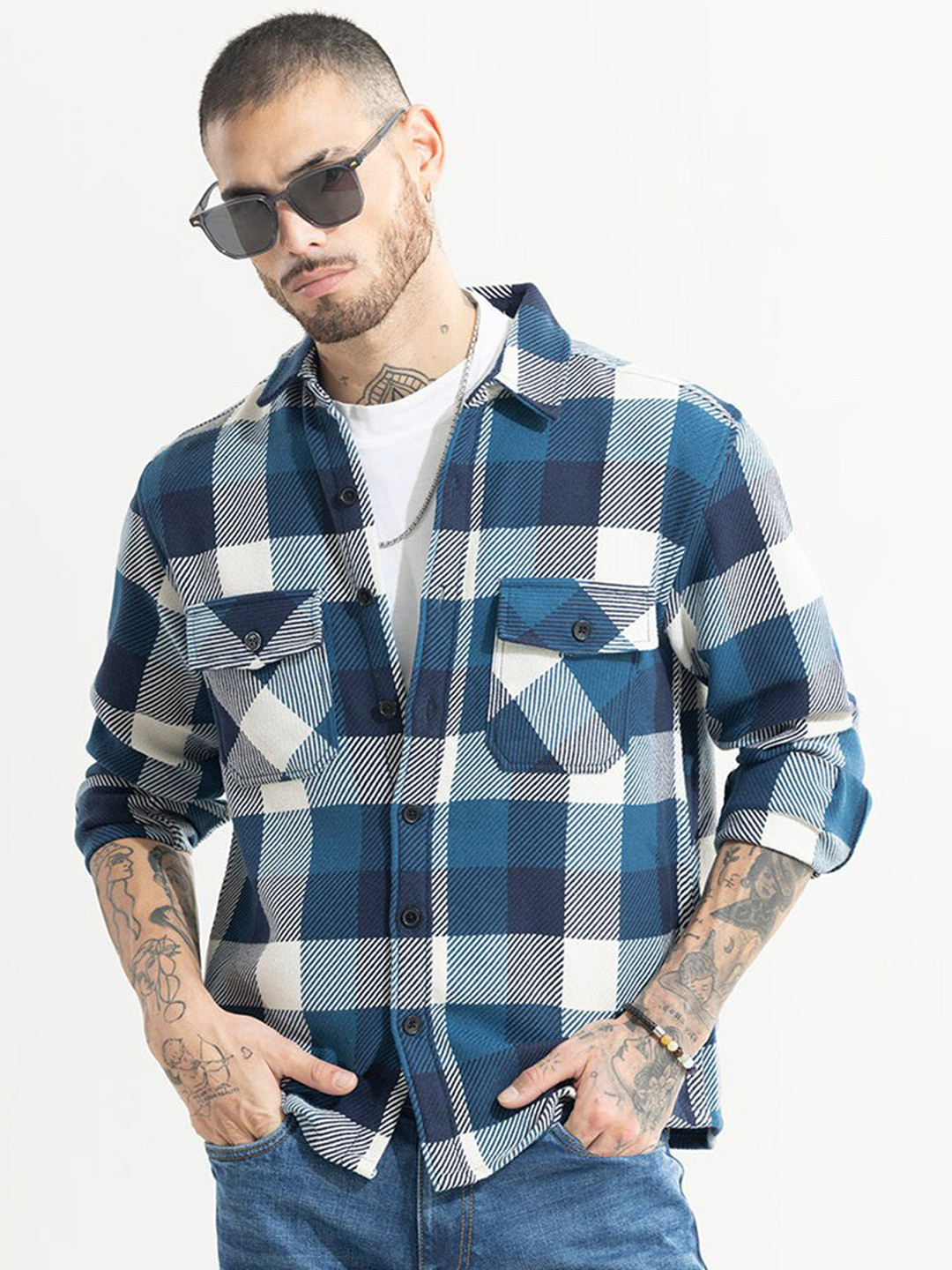 Buy Snitch Blue Classic Tailored Fit Buffalo Checked Cotton Casual ...