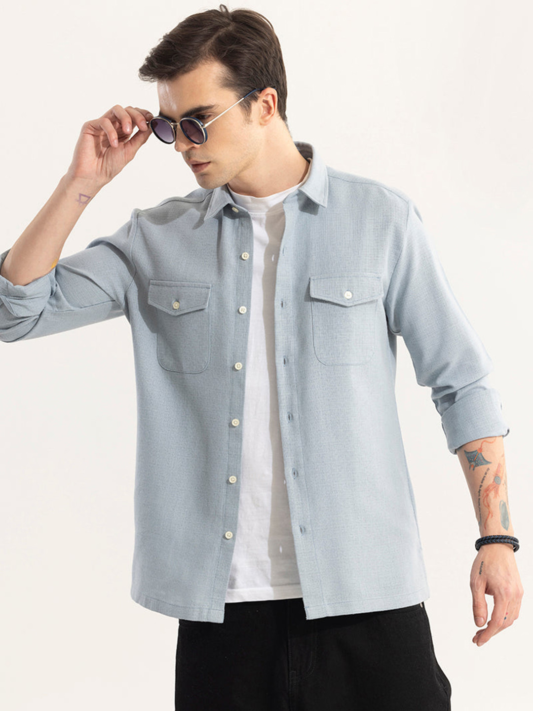 Buy Snitch Men Blue Classic Slim Fit Spread Collar Cotton Casual Shirt ...