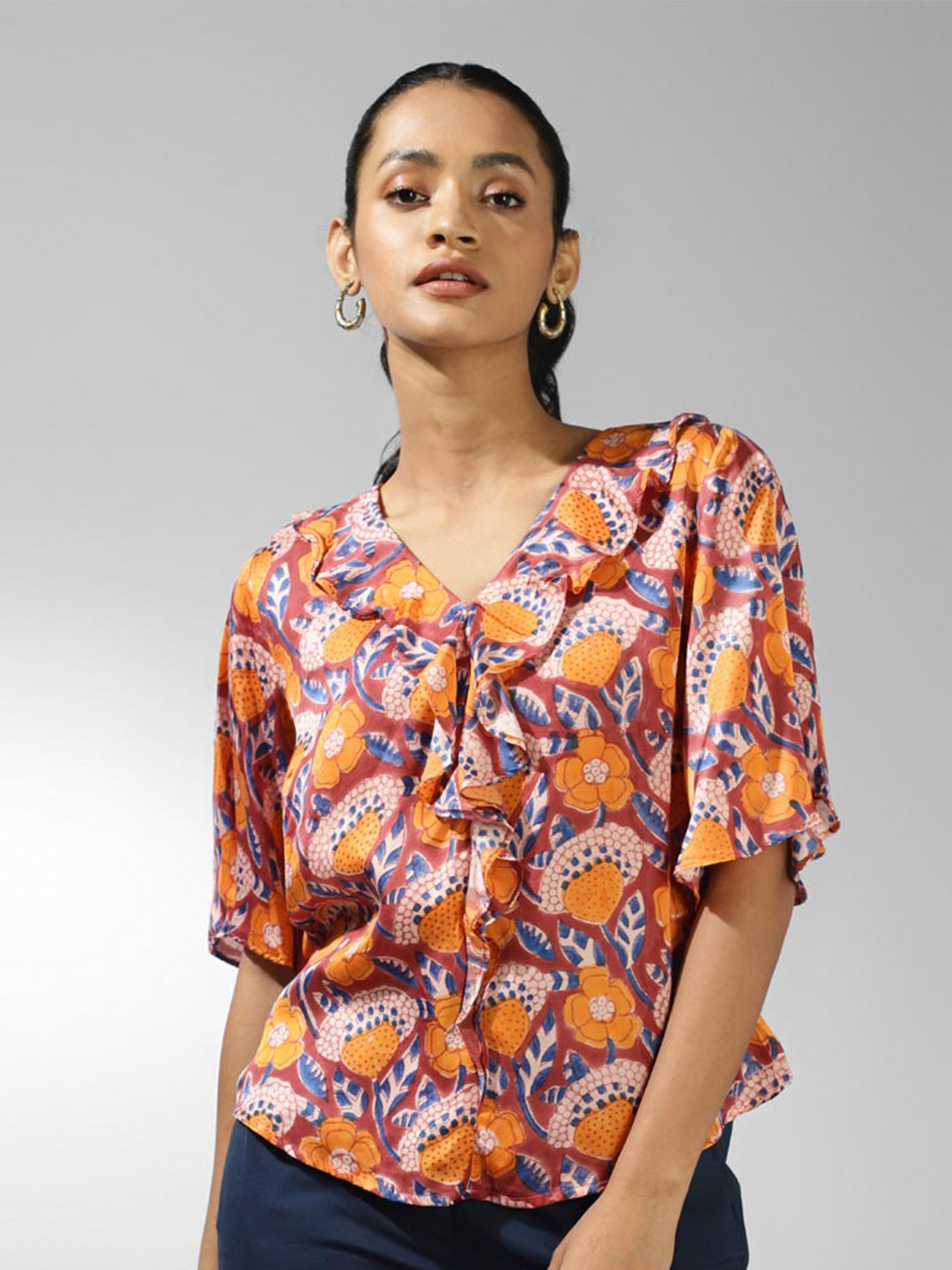 Buy Fabindia Floral Printed V Neck Blouson Opaque Casual Top - Tops for ...