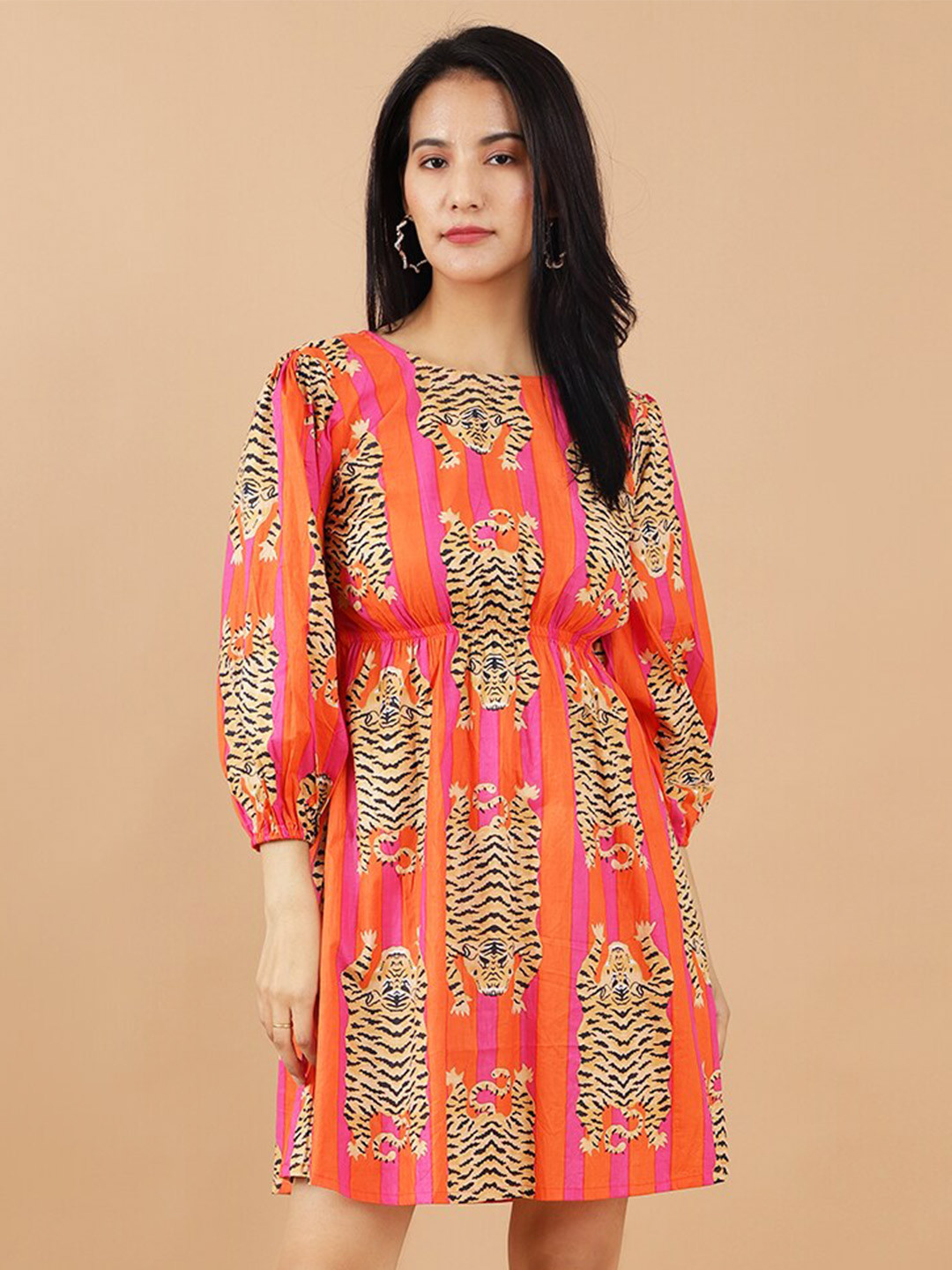 Buy INDOPHILIA Conversational Print Puff Sleeve Fit & Flare Dress ...
