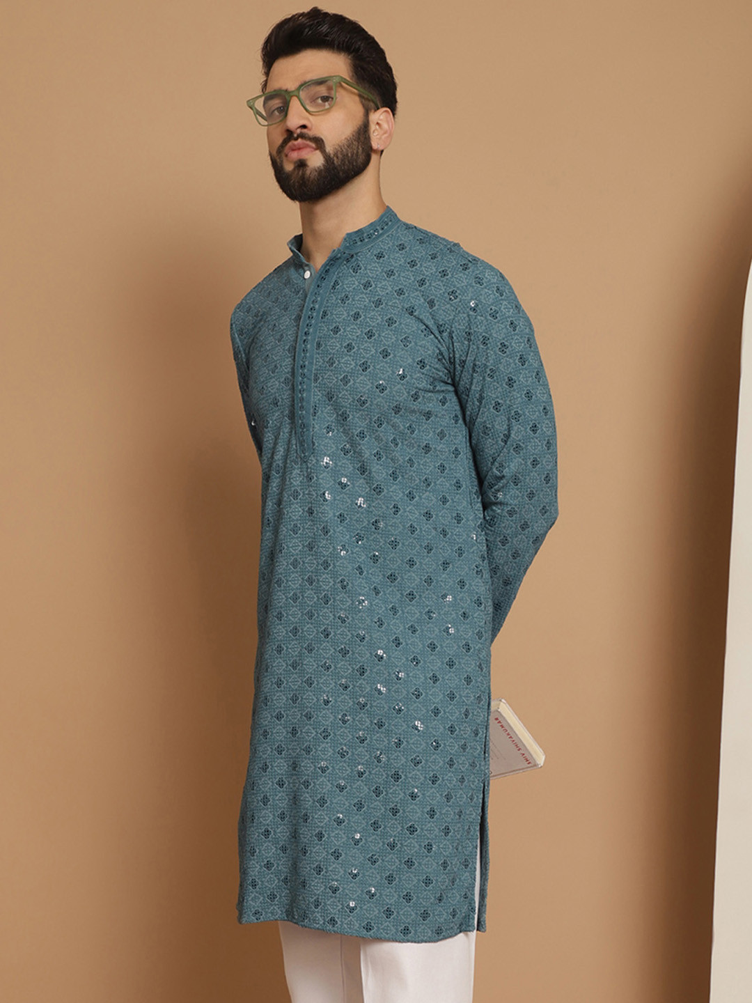 Buy Anouk Men Blue Geometric Mirror Work Kurta - Kurtas for Men ...