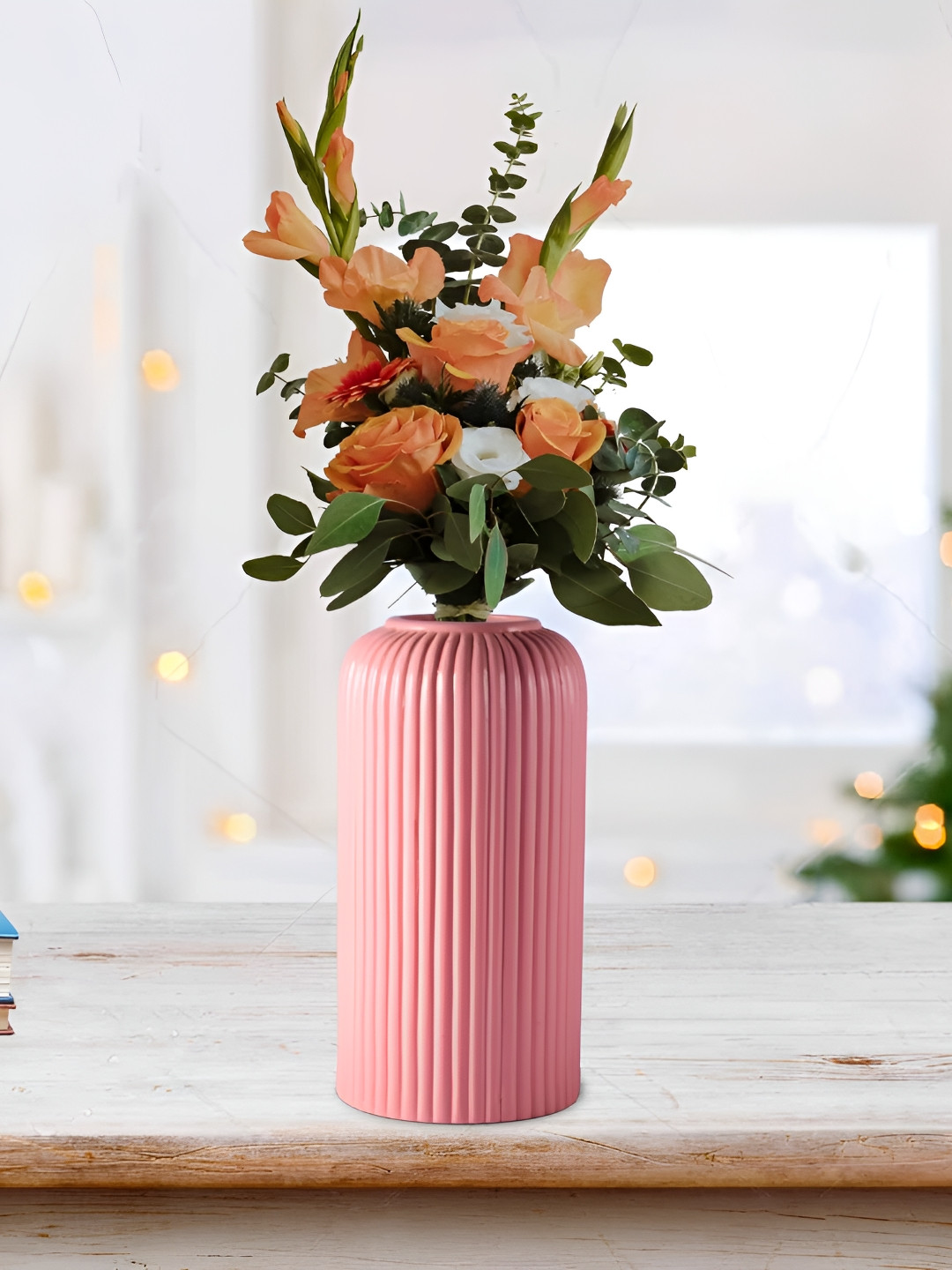 Buy LASAKI Evelyn Pink Textured Cylinder Shape Ceramic Flower Vase ...