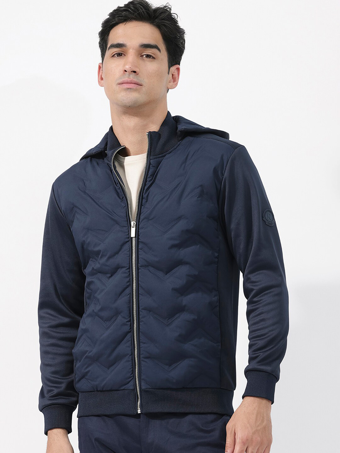 Buy RARE RABBIT Navy Colourblocked Hodded Neck Long Sleeves Padded ...