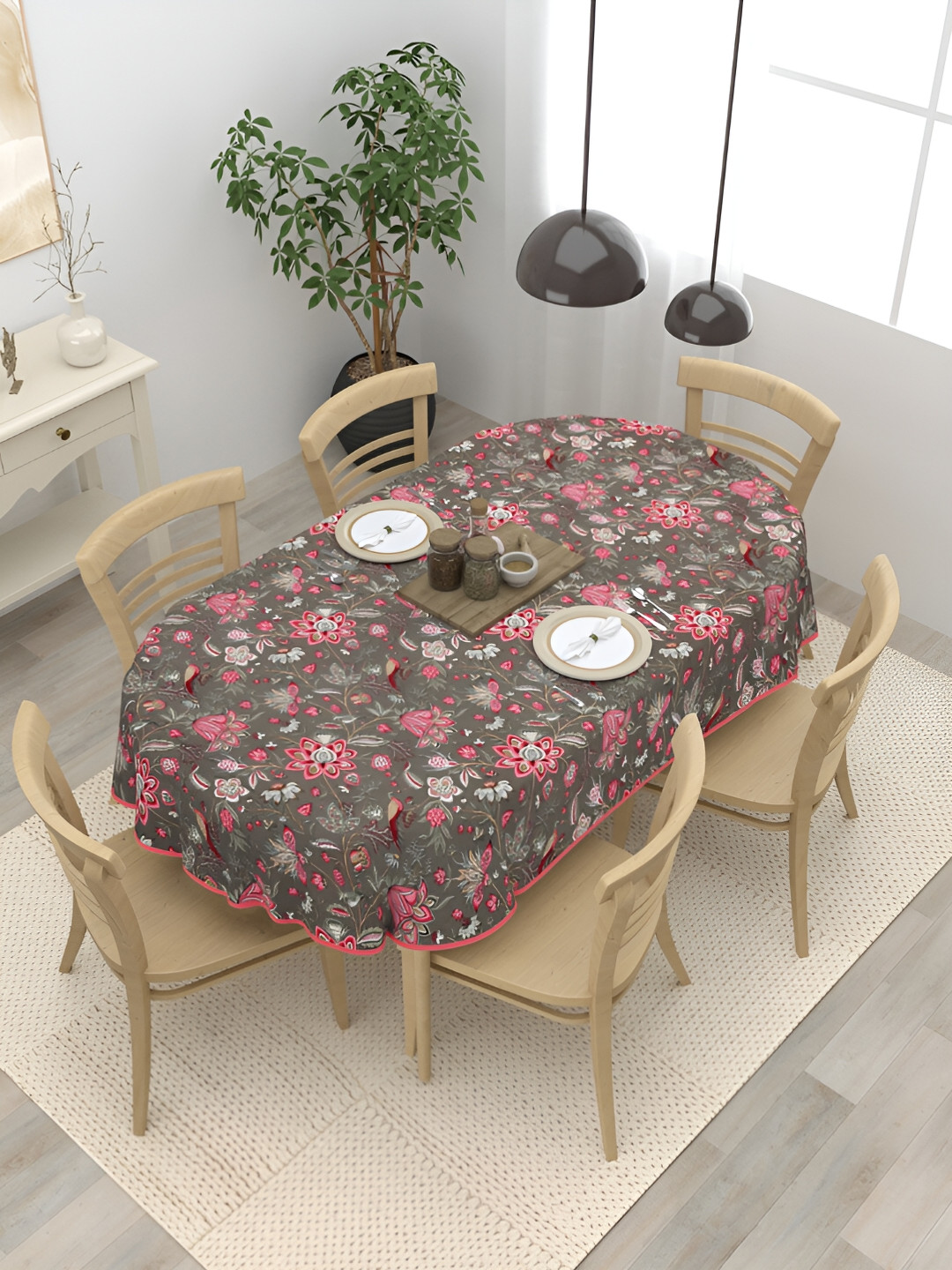 Buy Clasiko Pink & Grey 6 Seater Floral Cotton Oval Table Cover - Table ...