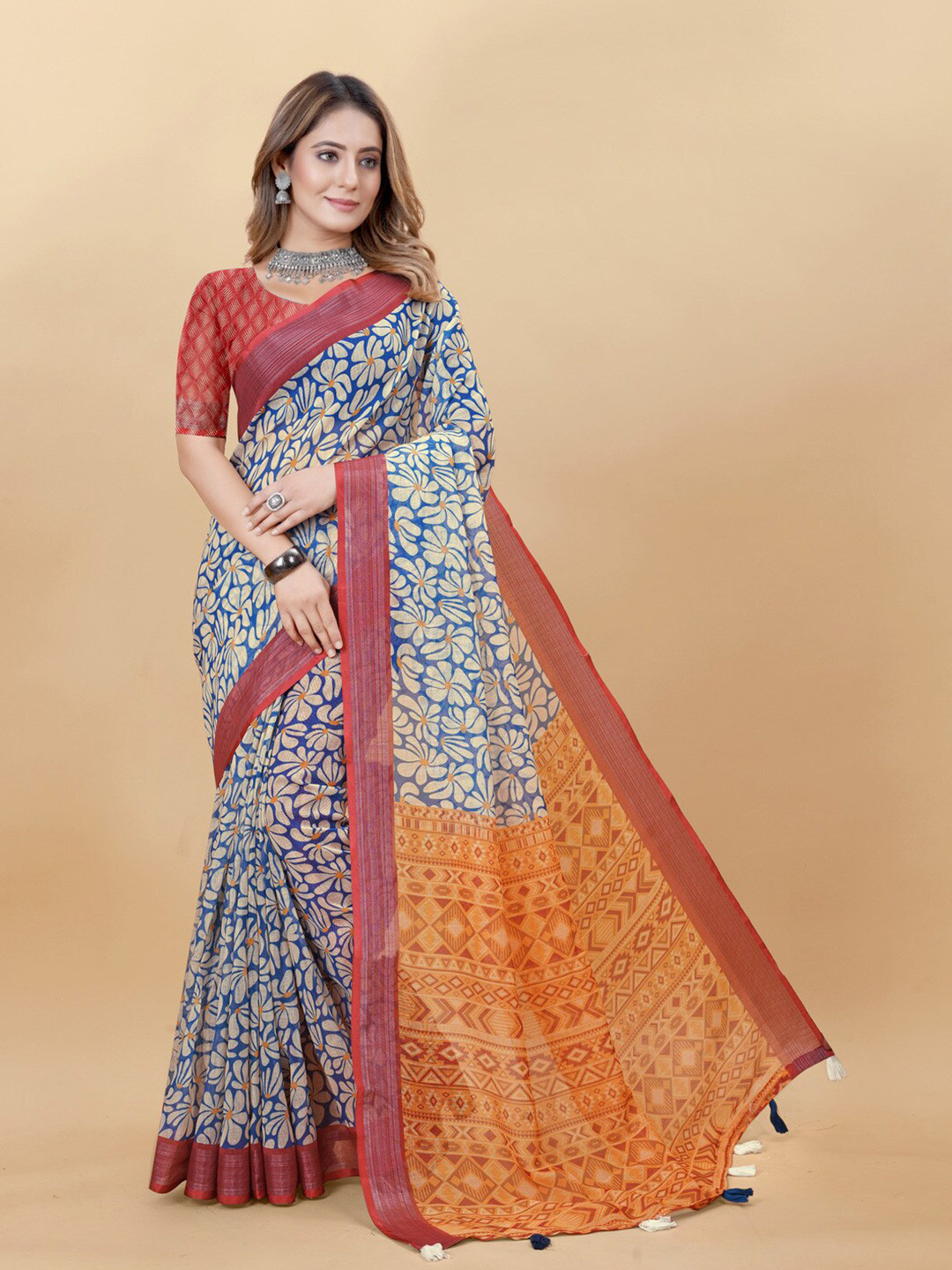 Buy MOKSHA DESIGNS Floral Print Pure Linen Saree - Sarees for Women ...