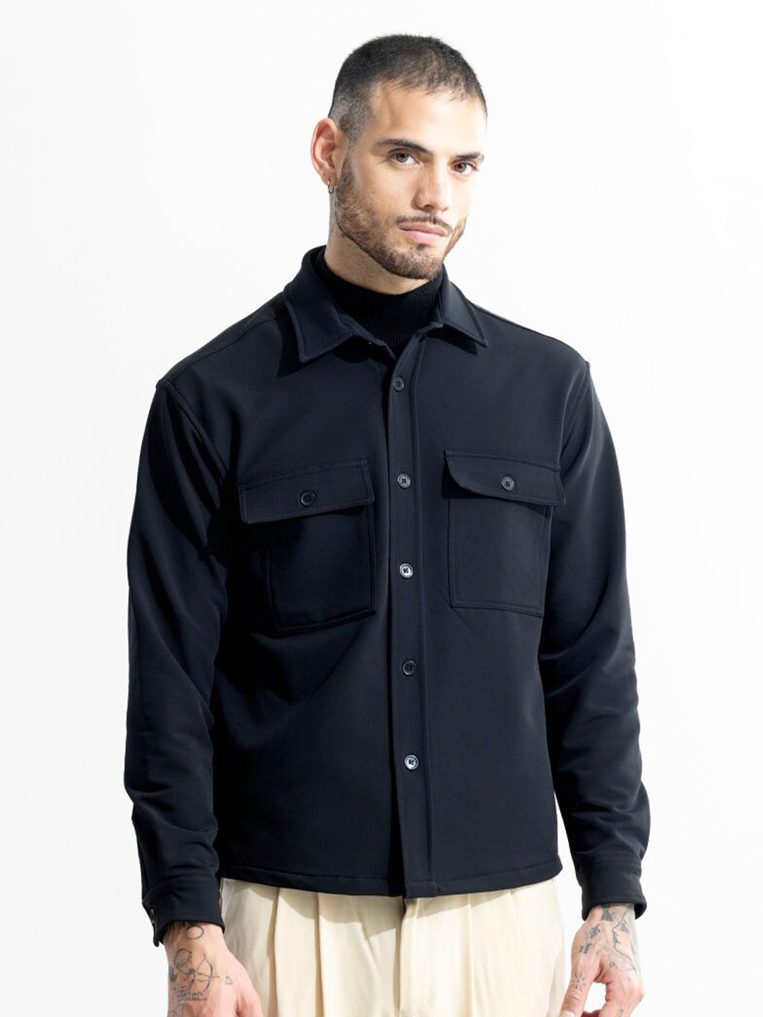 Buy Snitch Black Classic Fit Textured Oversized Shacket - Shirts for ...