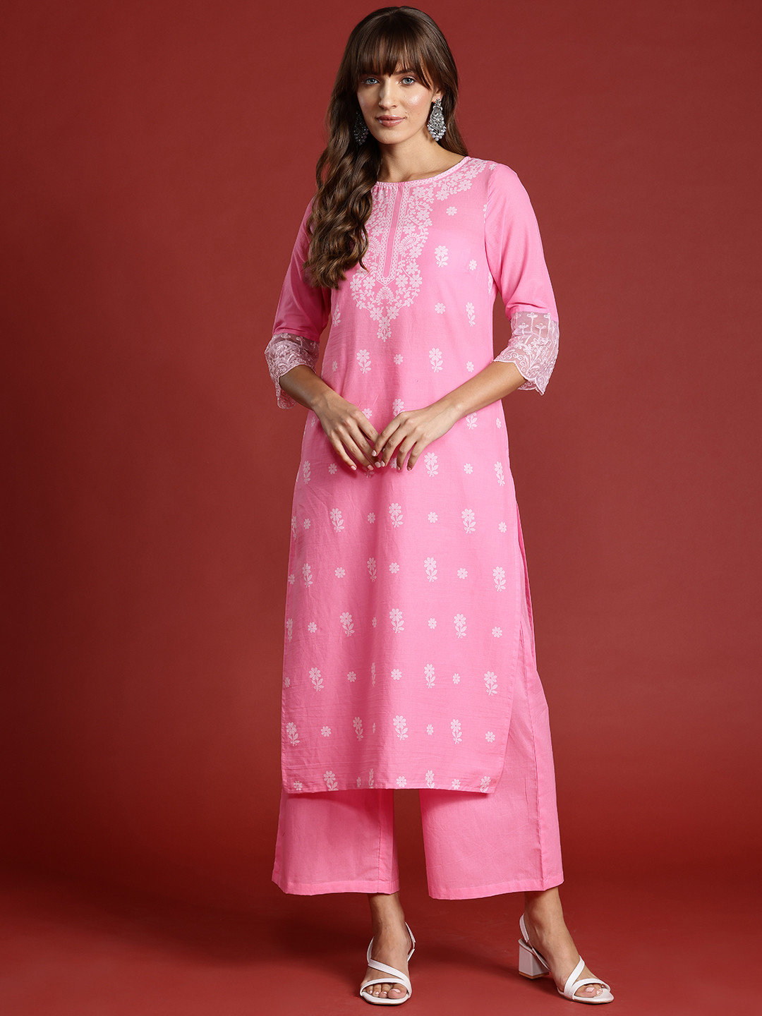 Buy Anouk Floral Printed Thread Work Detail Pure Cotton Kurta Set ...
