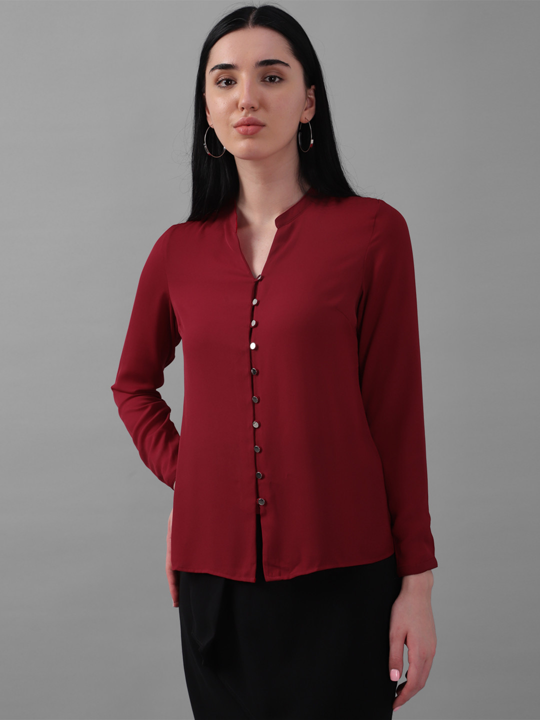 Buy Allen Solly Woman Mandarin Collar Long Sleeves Shirt Style Top ...