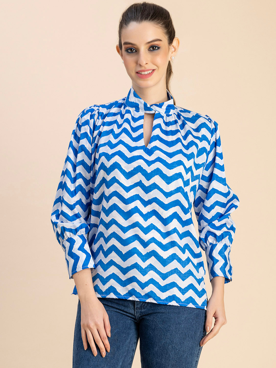 Buy Moomaya Geometric Printed Keyhole Neck Top - Tops for Women ...