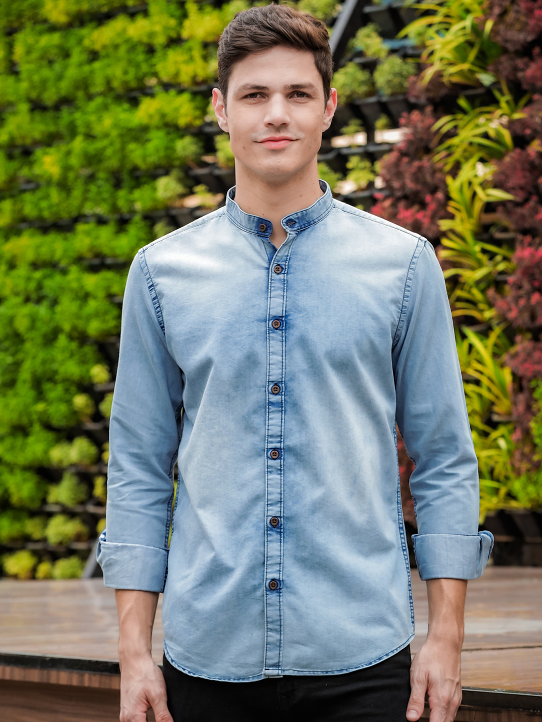 Buy Bushirt Comfort Band Collar Denim Weave Pure Cotton Casual Shirt ...