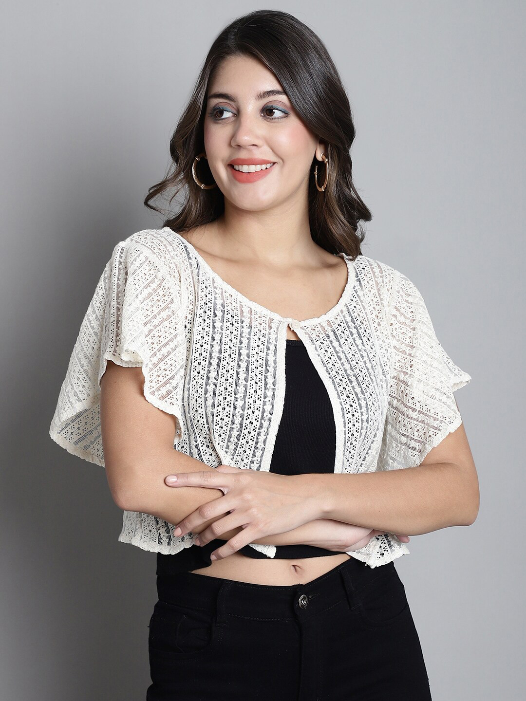 Buy Dressitude Self Design Flared Sleeves Lace Shrug - Shrug for Women ...