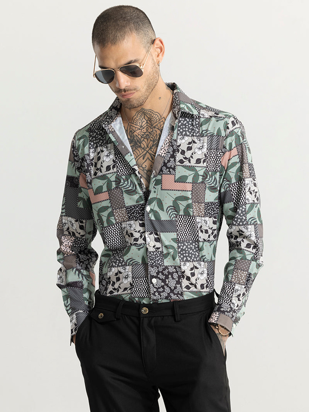 Buy Snitch Green Abstract Printed Classic Slim Fit Opaque Casual Shirt ...