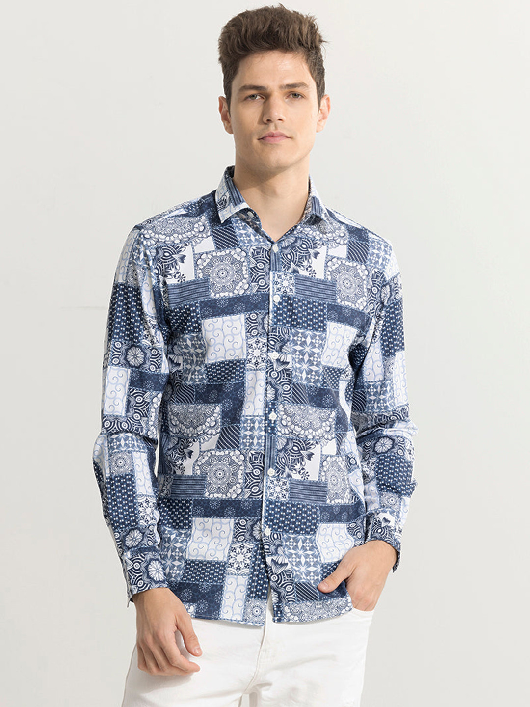 Buy Snitch Blue & White Ethnic Motifs Printed Classic Slim Fit Casual ...