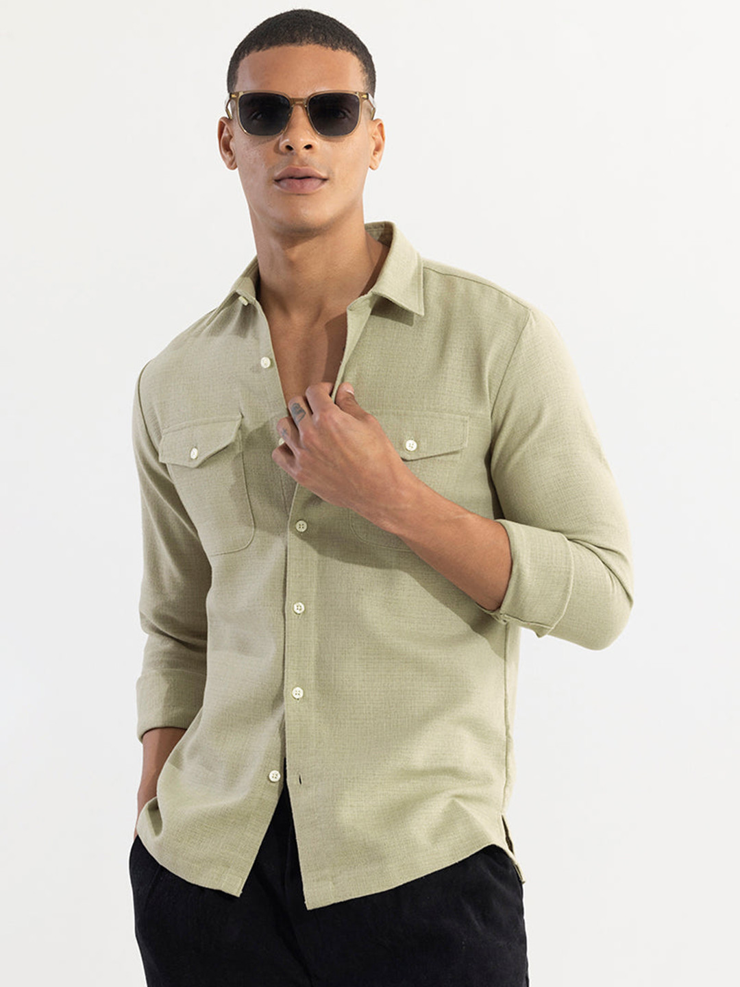 Buy Snitch Green Classic Slim Fit Spread Collar Cotton Casual Shirt ...
