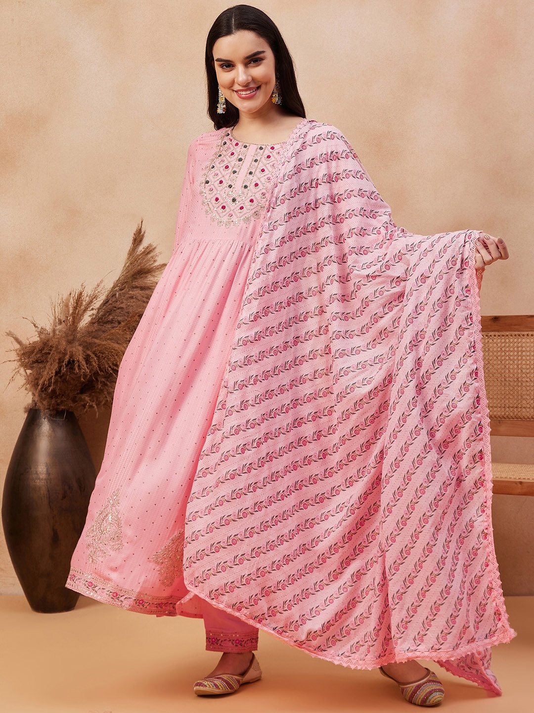 Buy Anouk Ethnic Motifs Yoke Design Round Neck Mirror Work Kurta With