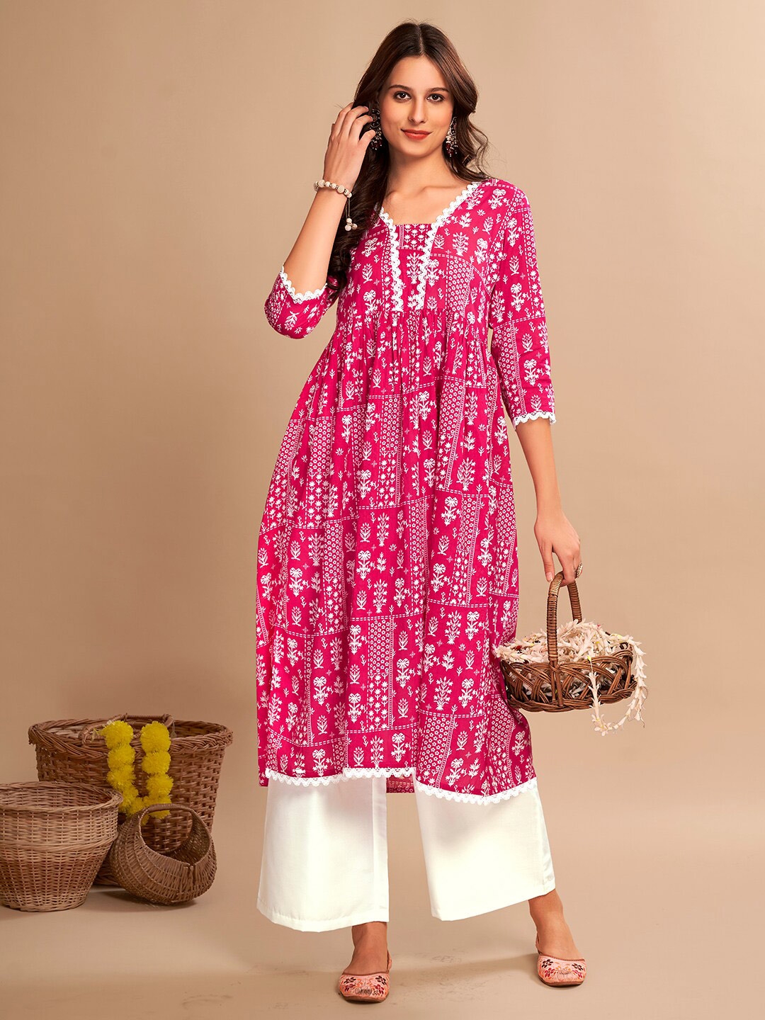 Buy Anouk Pink Ethnic Motifs Printed V Neck Regular Pure Cotton Kurta