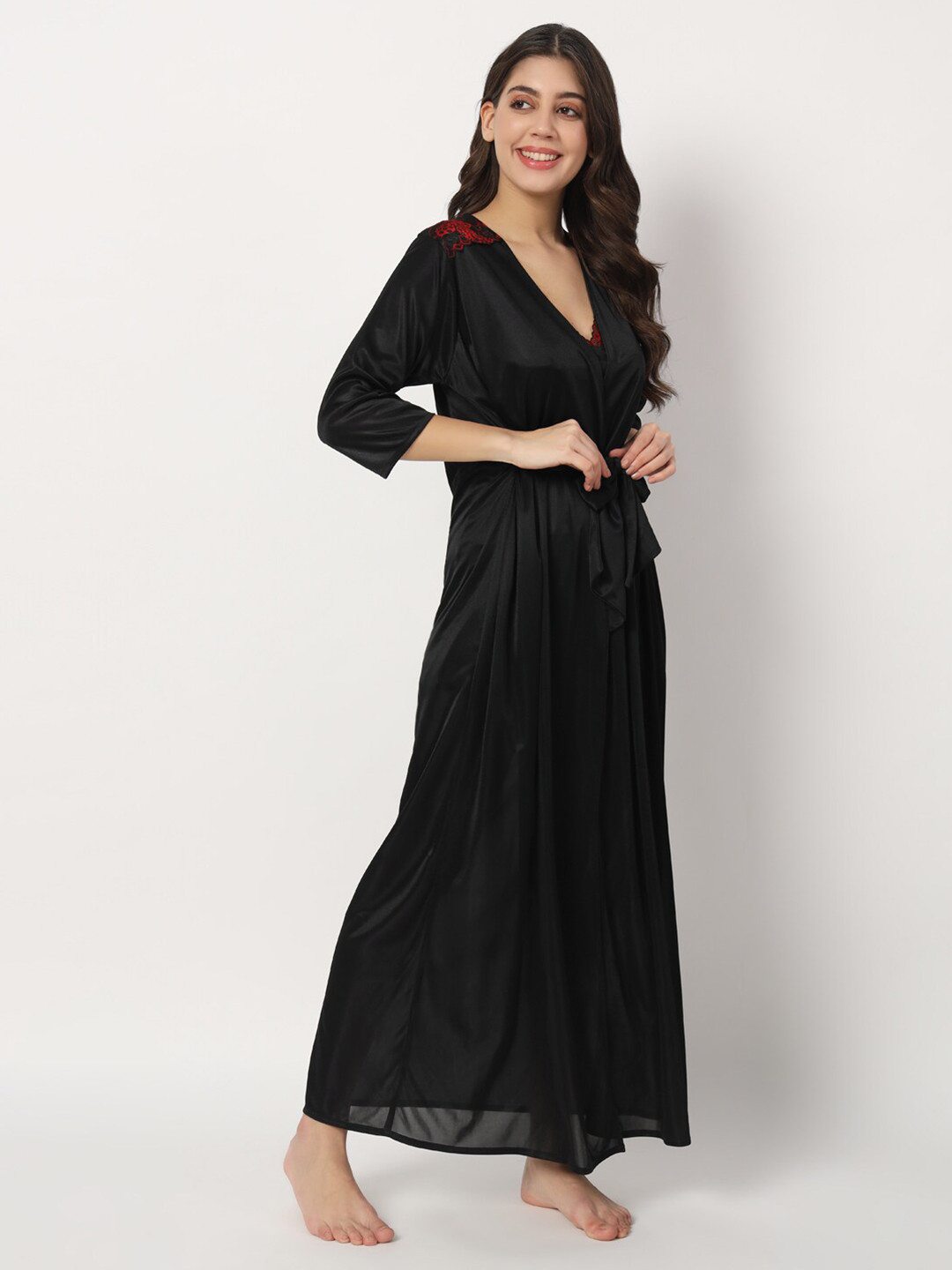 Buy Klamotten Shoulder Straps Above Knee Length Satin Nightdress With ...