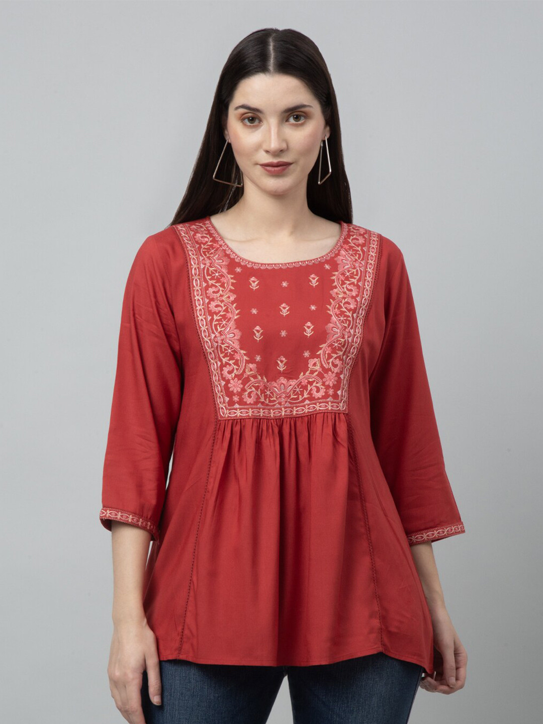 Buy GRACIT Floral Embroidery Round Neck Three Quarter Flared Sleeves ...