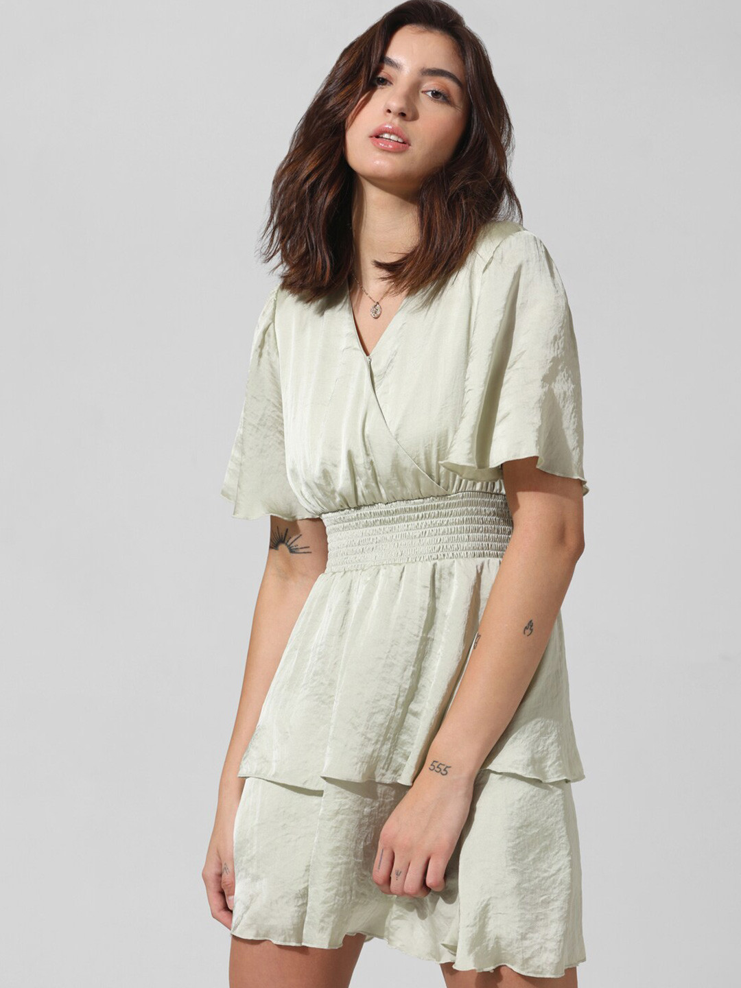 Buy ONLY Flared Sleeves V Neck Smocked Layered Satin Fit & Flare Dress ...