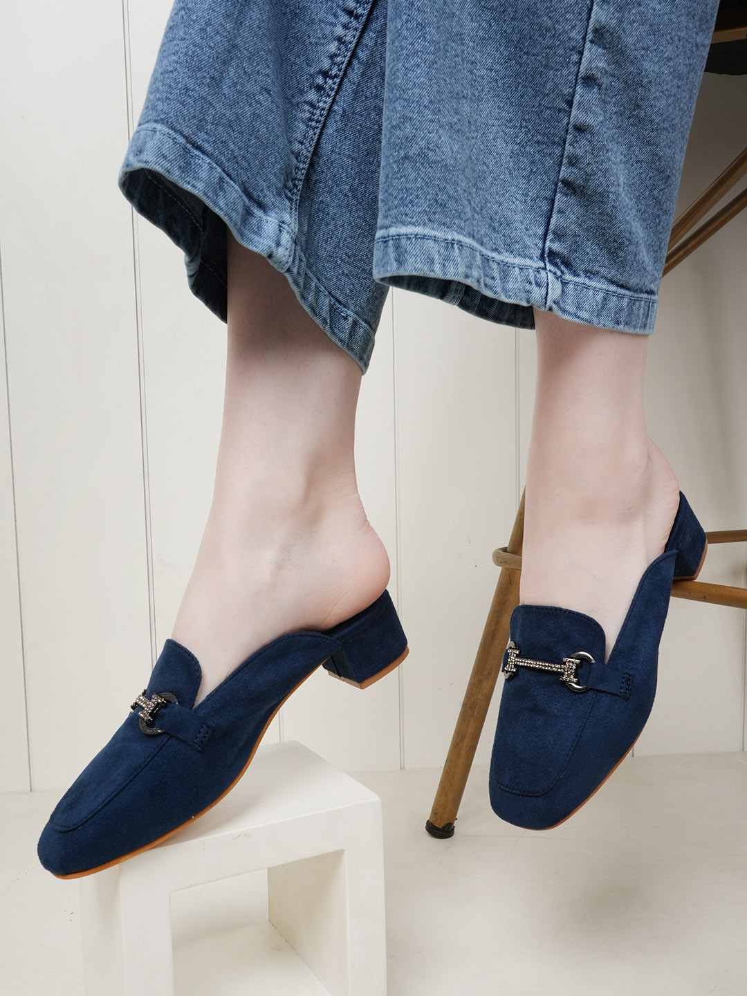 Buy DressBerry Blue Buckles Detail Block Heeled Mules - Heels for Women ...