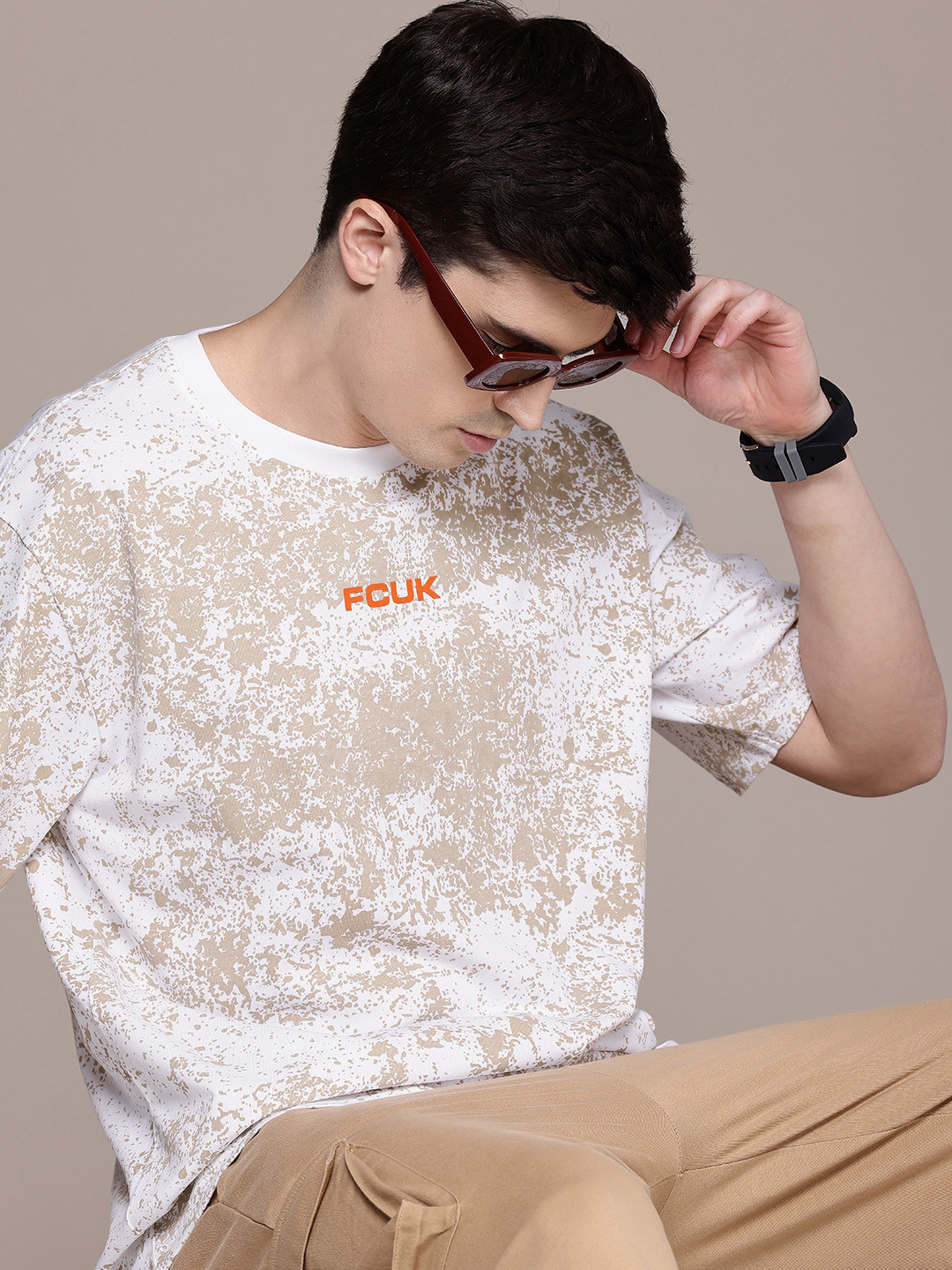 Buy FCUK Printed Oversized Drop Shoulder Sleeves Pure Cotton T Shirt ...