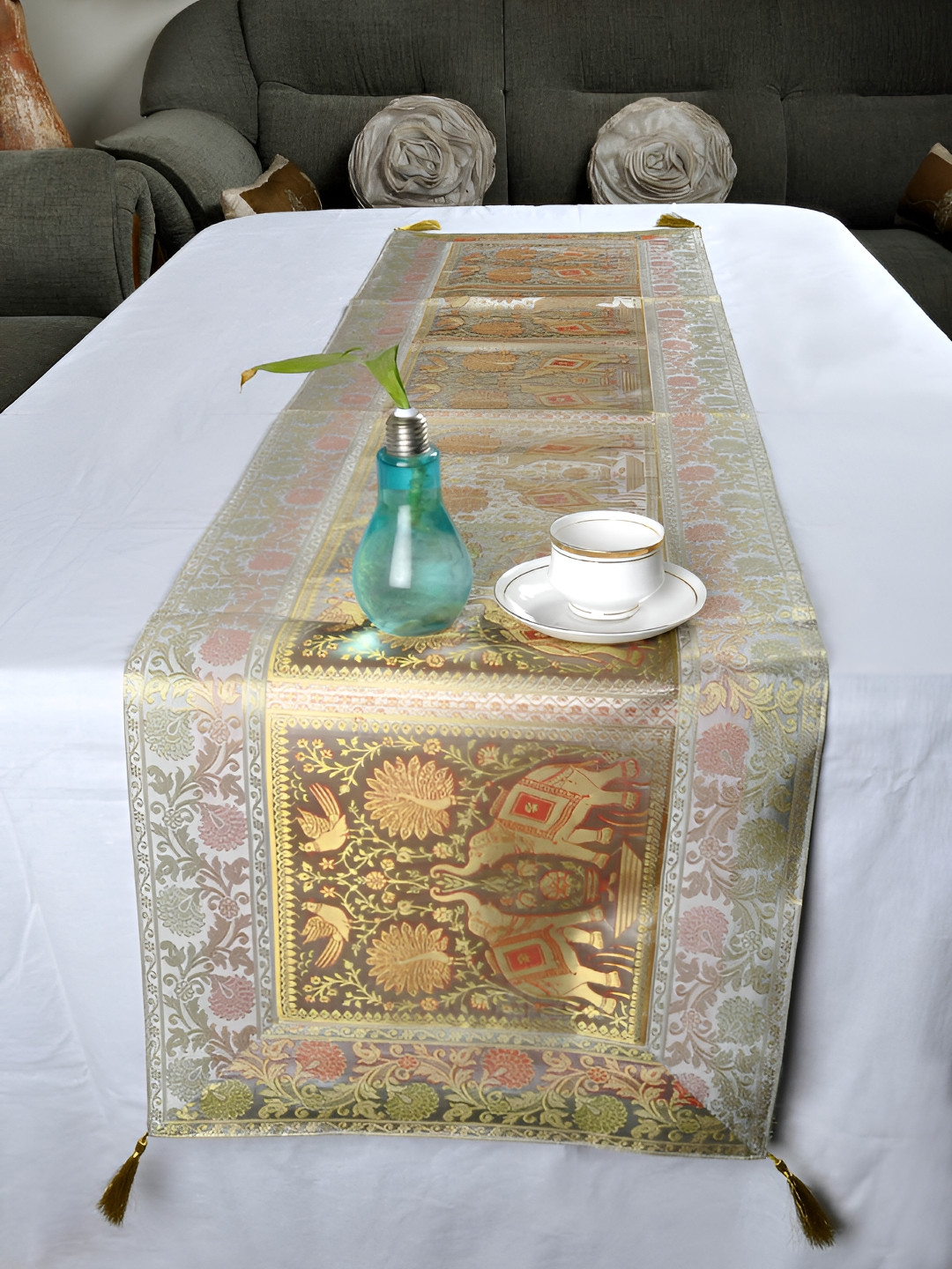 Buy Lal Haveli Grey & Beige Ethnic Motifs Woven Design Table Runner ...