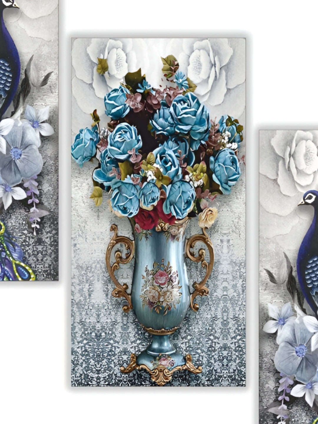 Buy WALLMAX Blue & White 3 Pieces Peacock UV Textured Framed Painting ...