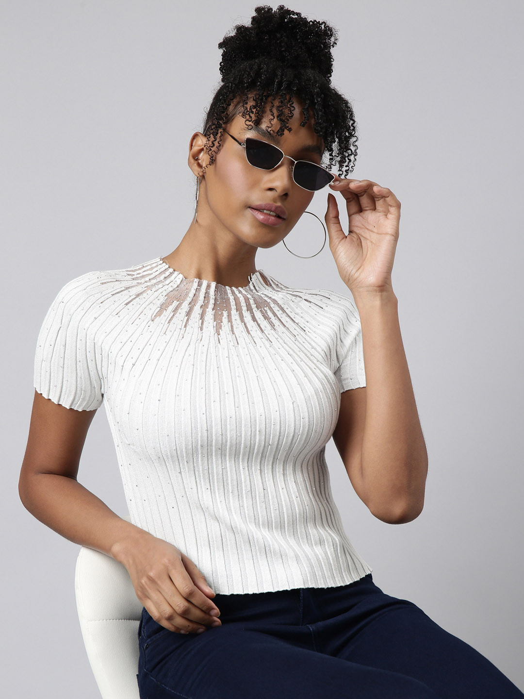 Buy SHOWOFF Vertical Stripes Self Design Fitted High Neck Studded Top ...