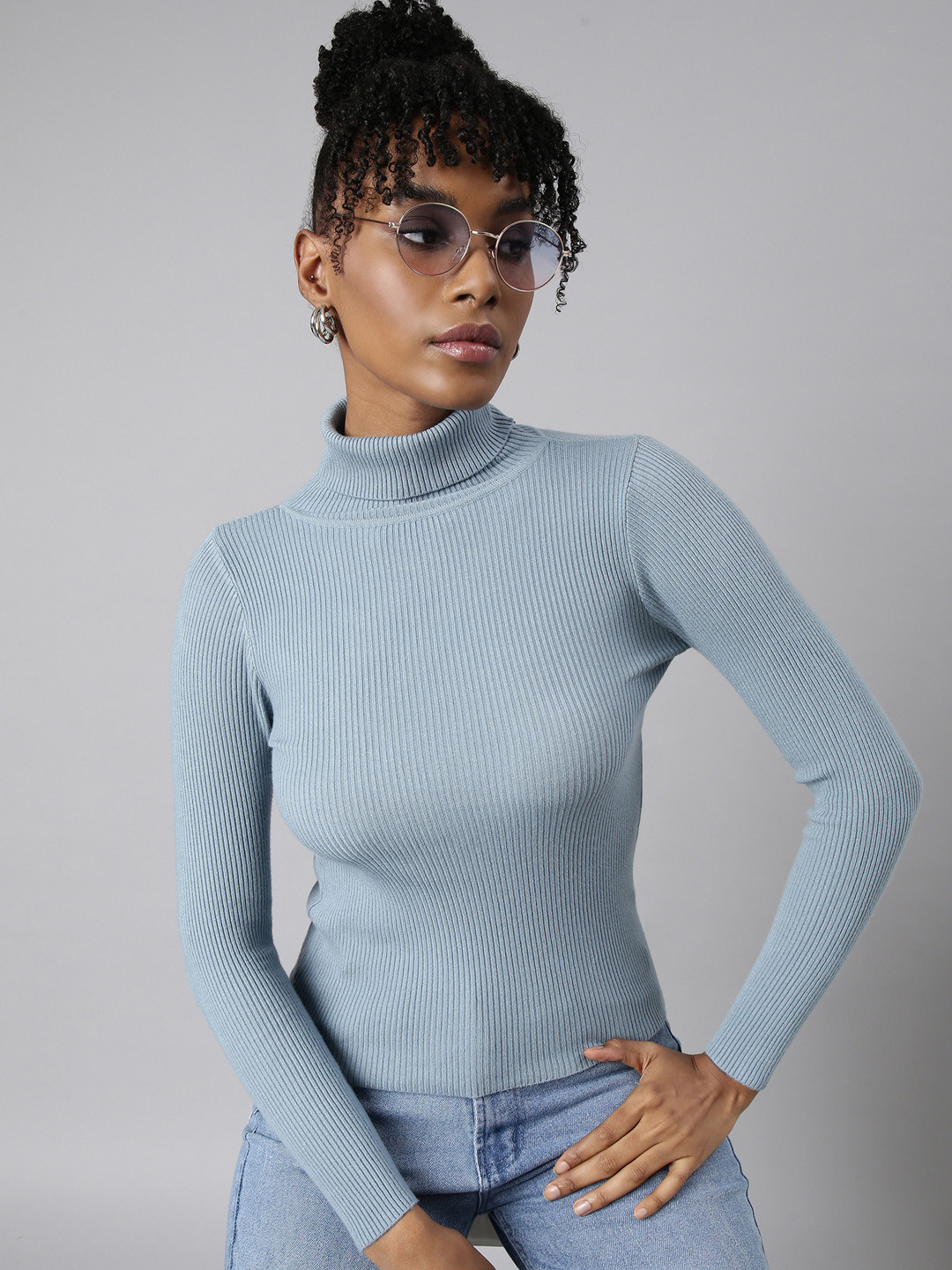 Buy SHOWOFF High Neck Long Sleeves Striped Monochrome Top - Tops for ...