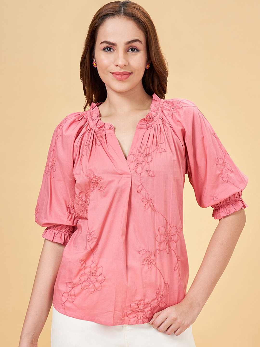Buy Honey By Pantaloons Mandarin Collar Puff Sleeve Floral Embroidery