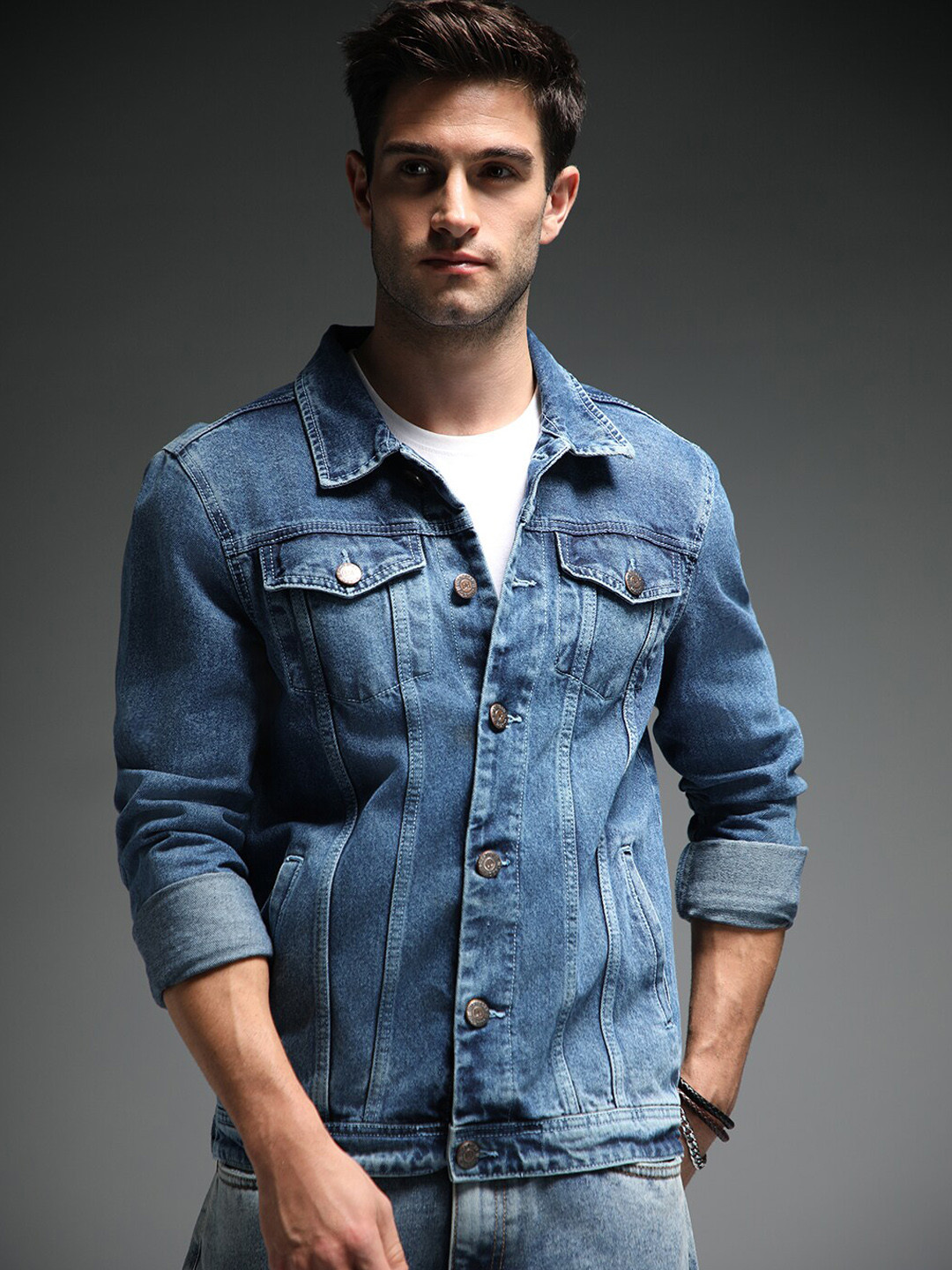 Buy High Star Washed Spread Collar Long Sleeves Cotton Denim Jacket ...