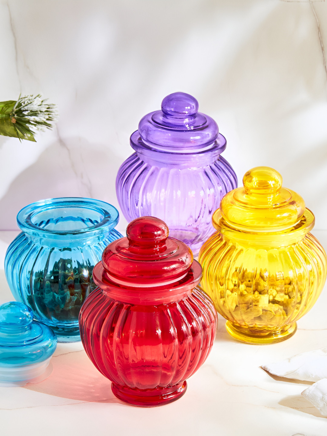 Buy Home Centre 4 Pieces Blue & Purple Glass Jars With Lid 270 Ml ...